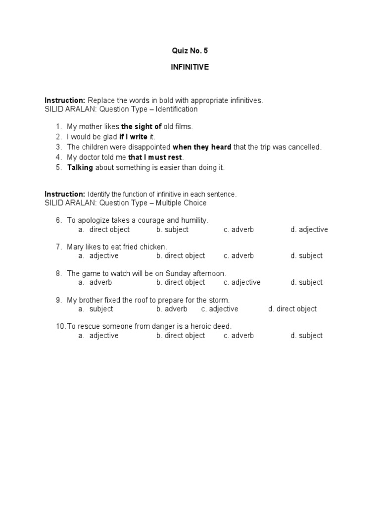 Understanding Infinitives: A Quiz on Identifying Infinitive Functions ...