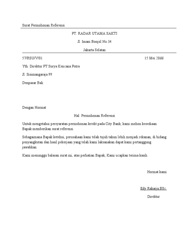 Contoh Surat Permohonan Referensi | PDF
