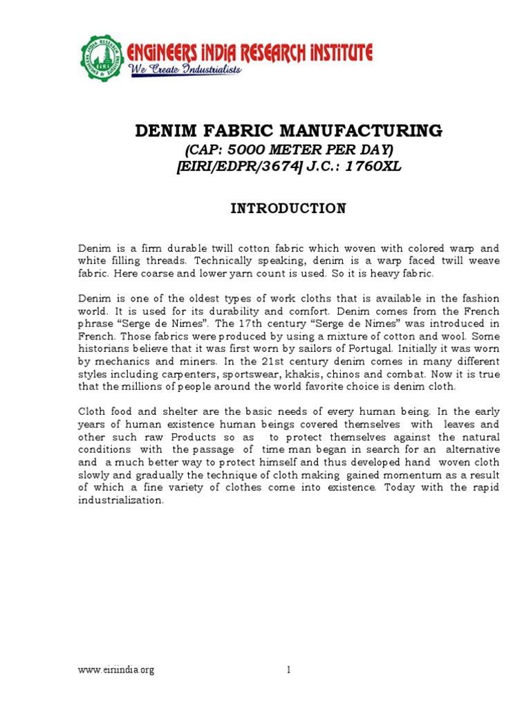 Project Report On Denim Fabric Manufacturing (Cap: 5000 Meter Per Day ...