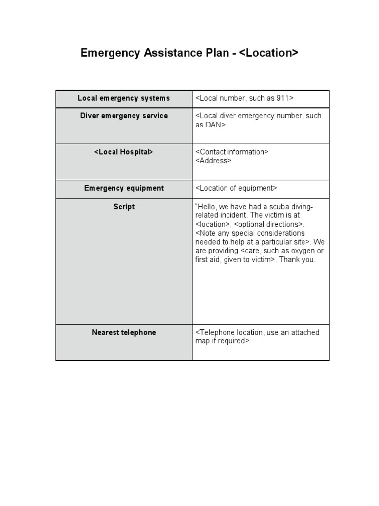 Emergency Assistance Plan - : Local Emergency Systems Diver Emergency ...