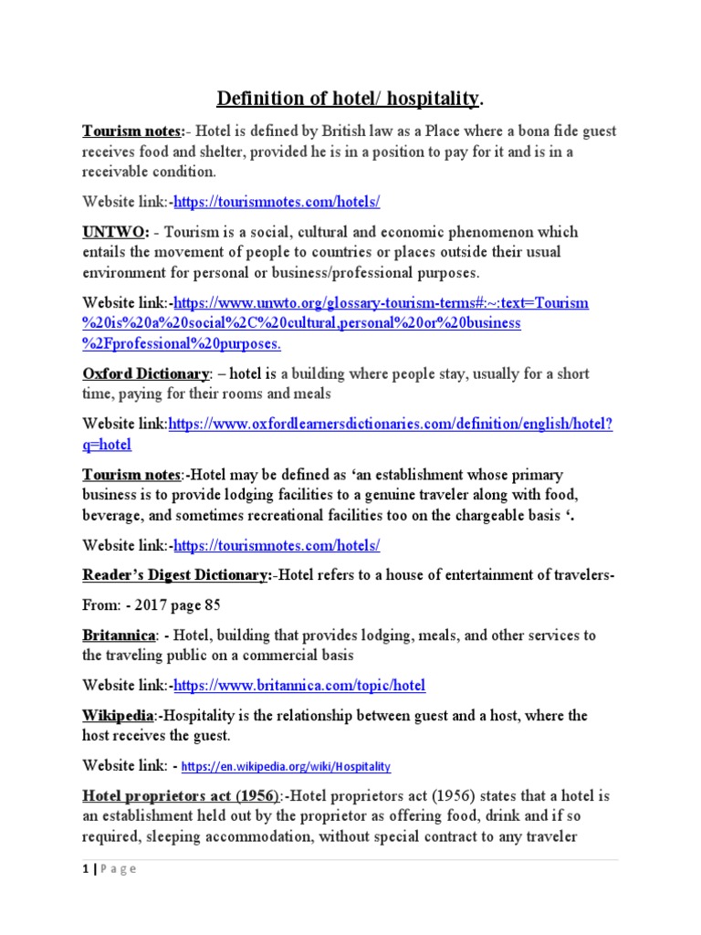 Definition of Hotel | PDF | Hotel | Tourism
