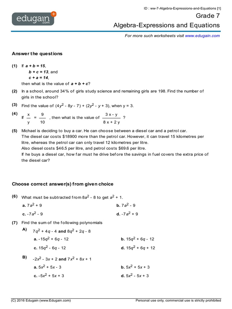 Grade 7 Algebra-Expressions and Equations: Answer The Questions | PDF ...
