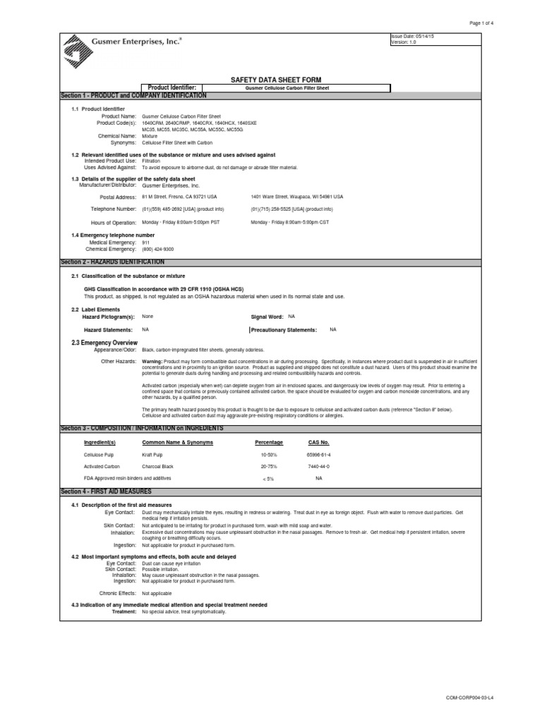 Safety Data Sheet Form: Product Identifier: Section 1 - Product and Company Identification ...
