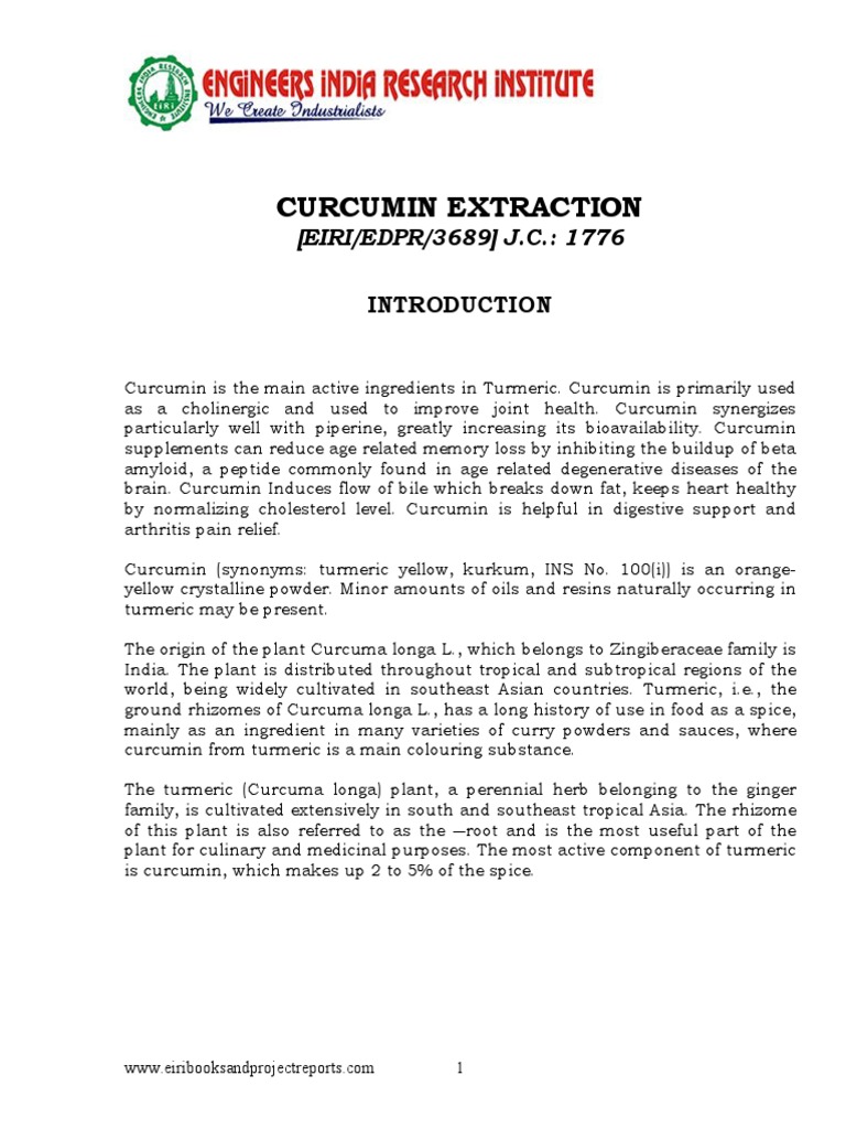 Project Report On Curcumin Extraction | PDF | Turmeric | Medicine