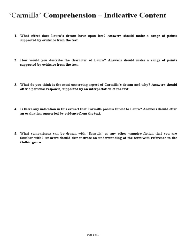 'Carmilla' Comprehension - Indicative Content | PDF