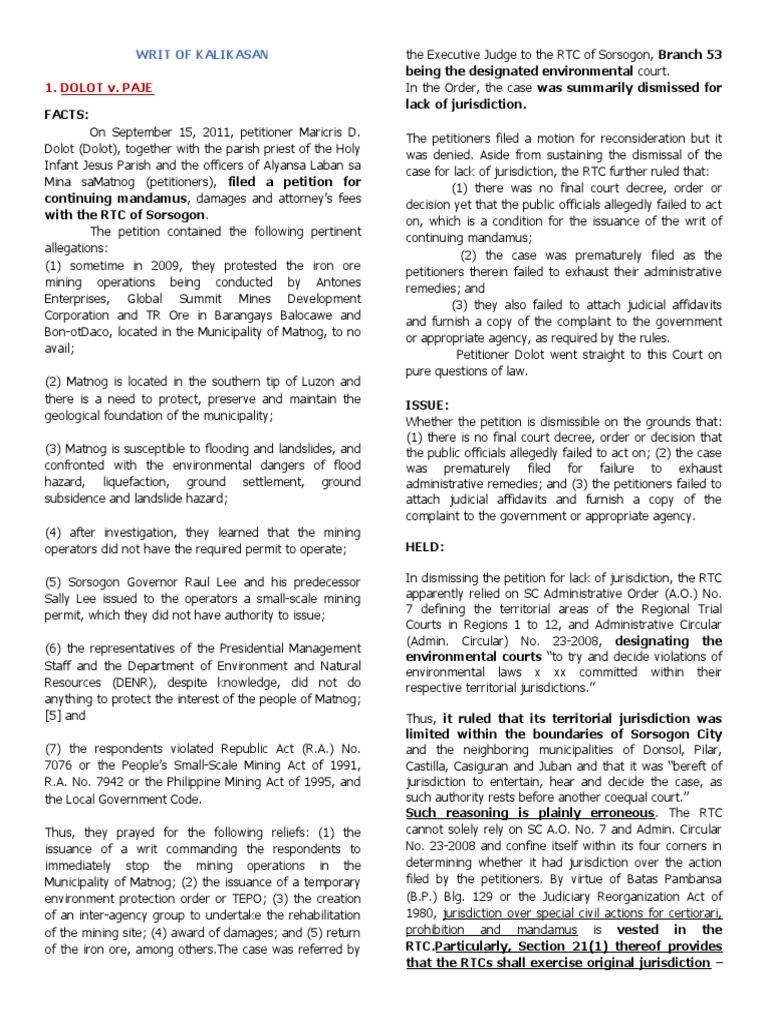 Writ of Kalikasan | PDF | Mandamus | Sovereign Immunity