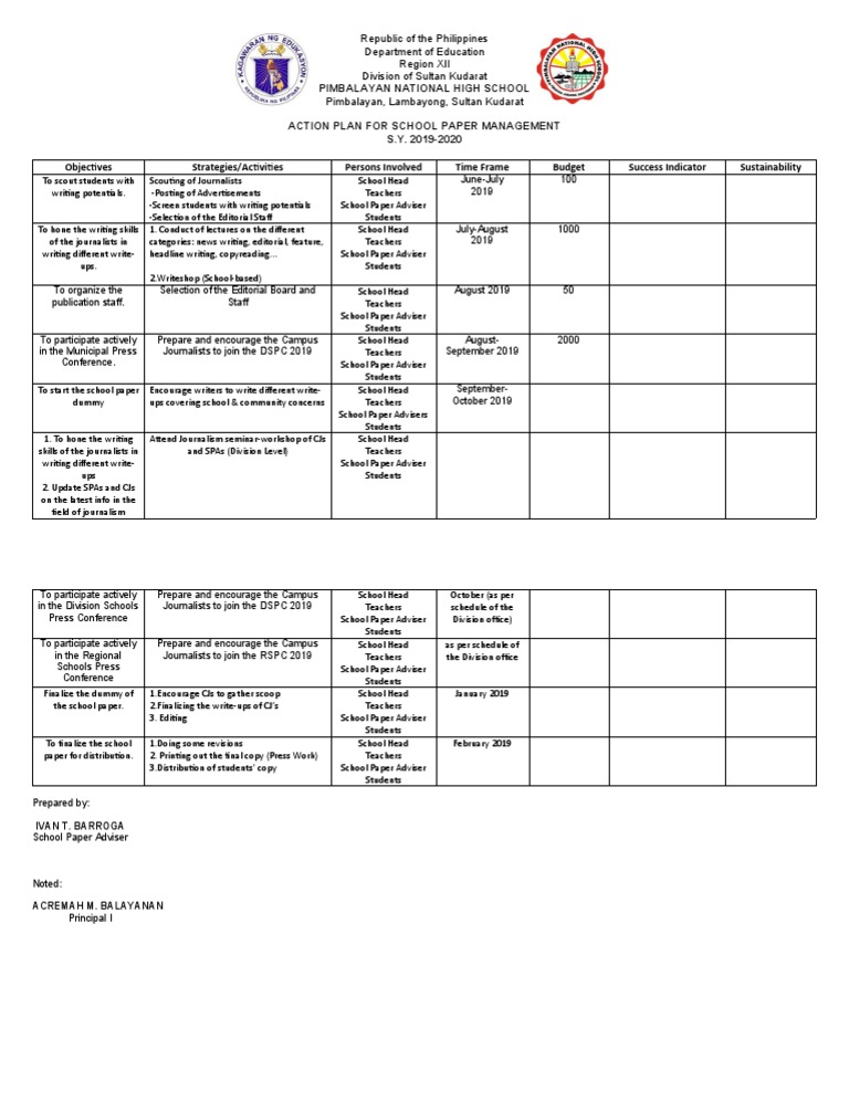 School Paper Action Plan | PDF | Periodicals | Entertainment