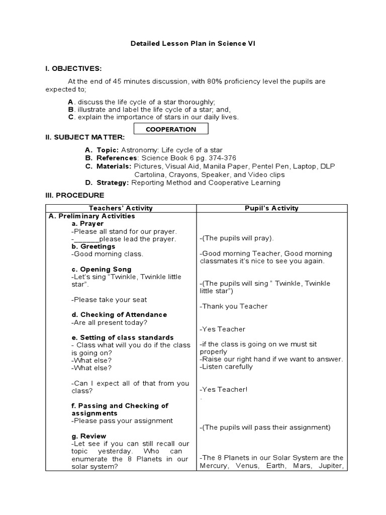 Life Cycle of A Star Detailed Lesson Plan | PDF | Nebula | Stars