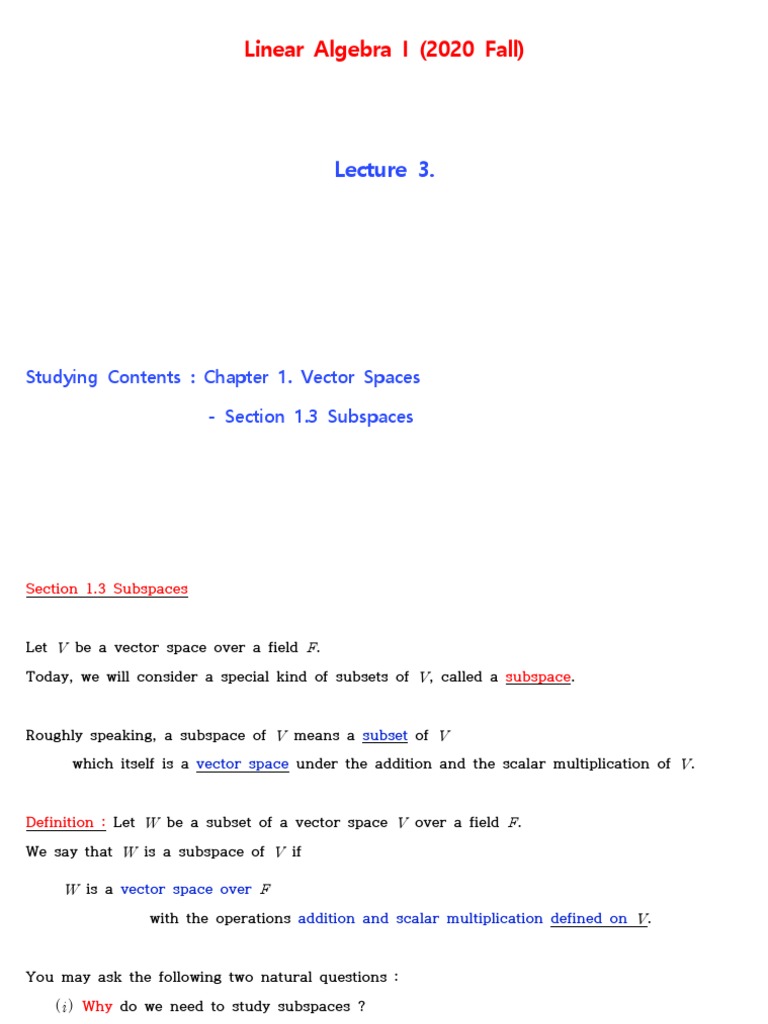 Linear Algebra I (2020 Fall) : Studying Contents: Chapter 1. Vector Spaces - Section 1.3 ...