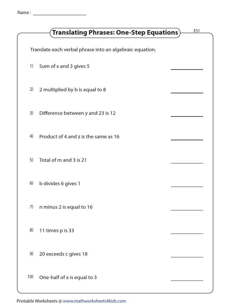 Translating Phrases One Step Equations PDF | PDF