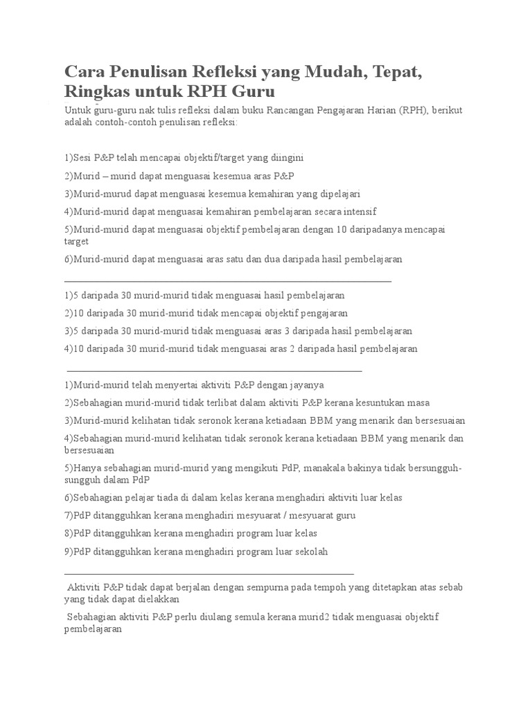 Cara Penulisan Refleksi Yang Mudah | PDF