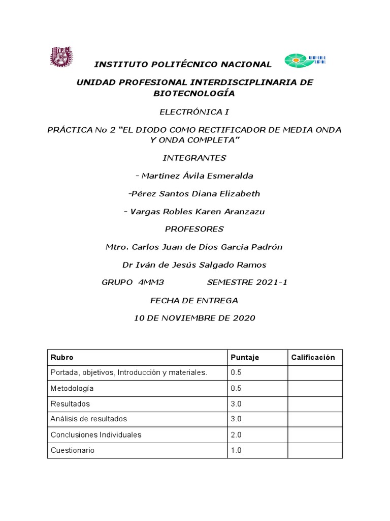 Practica No2 Electronica 1 | PDF | Rectificador | Diodo