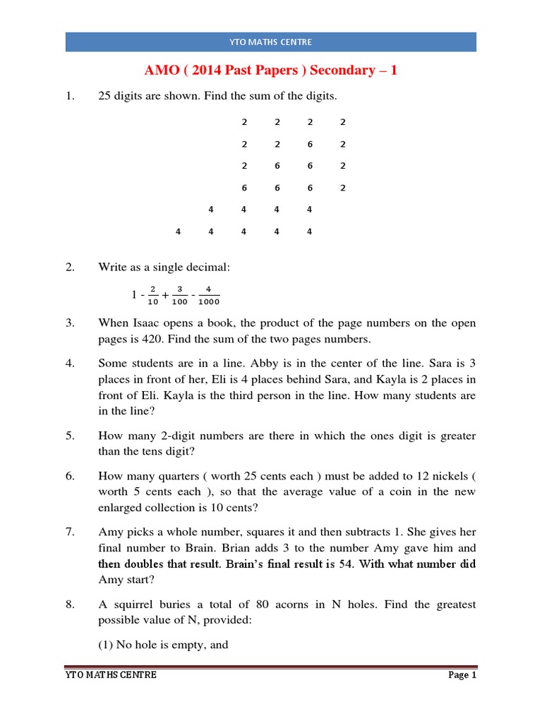 AMO (2014 Past Papers) Secondary - 1: Yto Maths Centre | PDF | Fraction ...