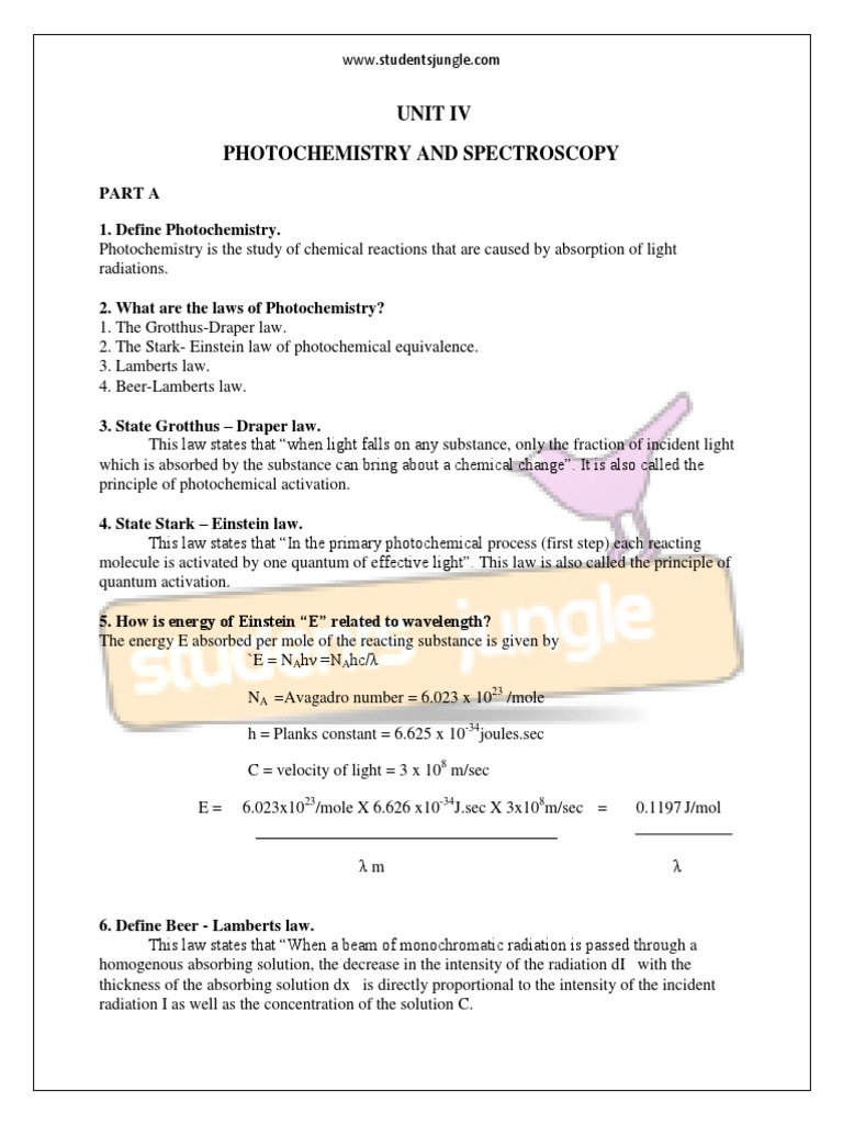 Unit Iv Photochemistry and Spectroscopy: Part A 1. Define ...