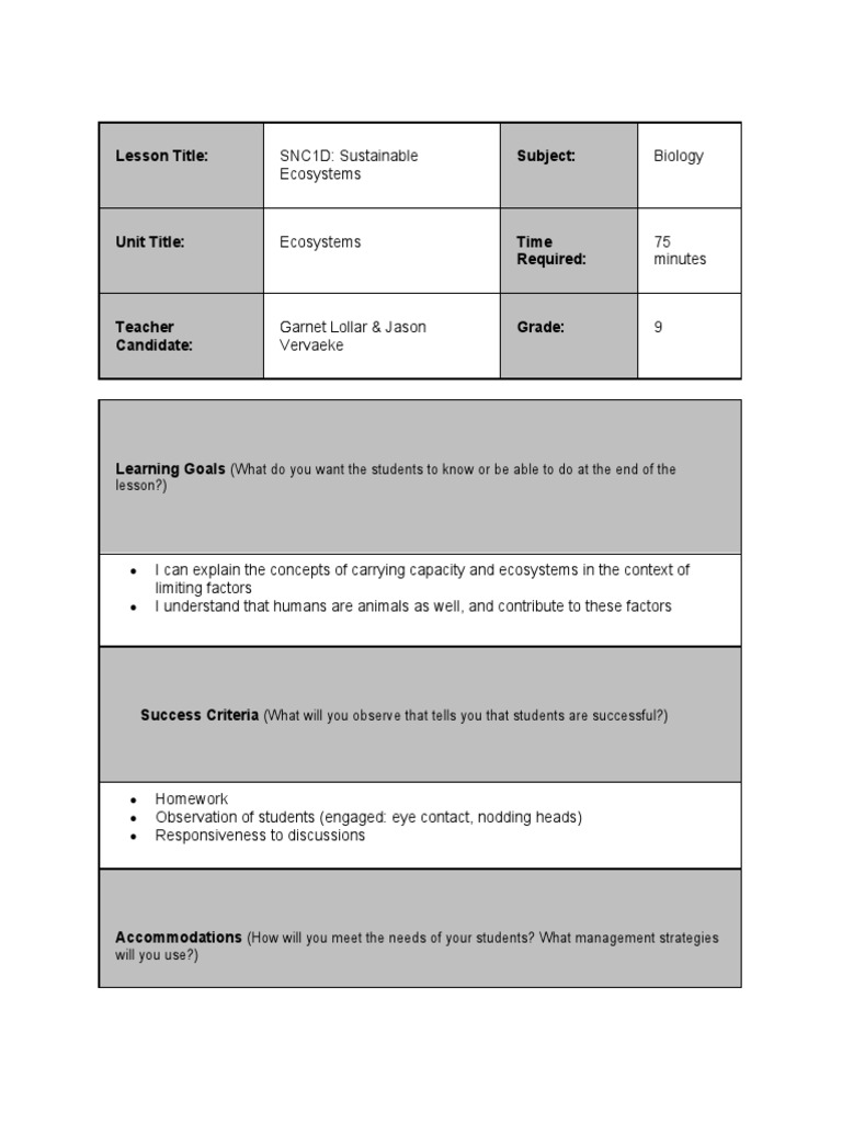 Lesson Plan sncd1 Sustainable Ecosystems | PDF | Ecosystem | Sustainability