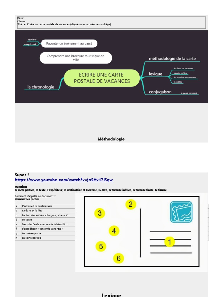 VII Ecrire Une Carte Postale de Vacances Passe Compose 2017 | PDF ...