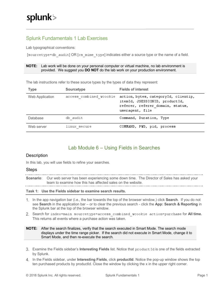 Splunk Fundamentals 1 Lab Exercises: Lab Module 6 - Using Fields in Searches | PDF | Web ...