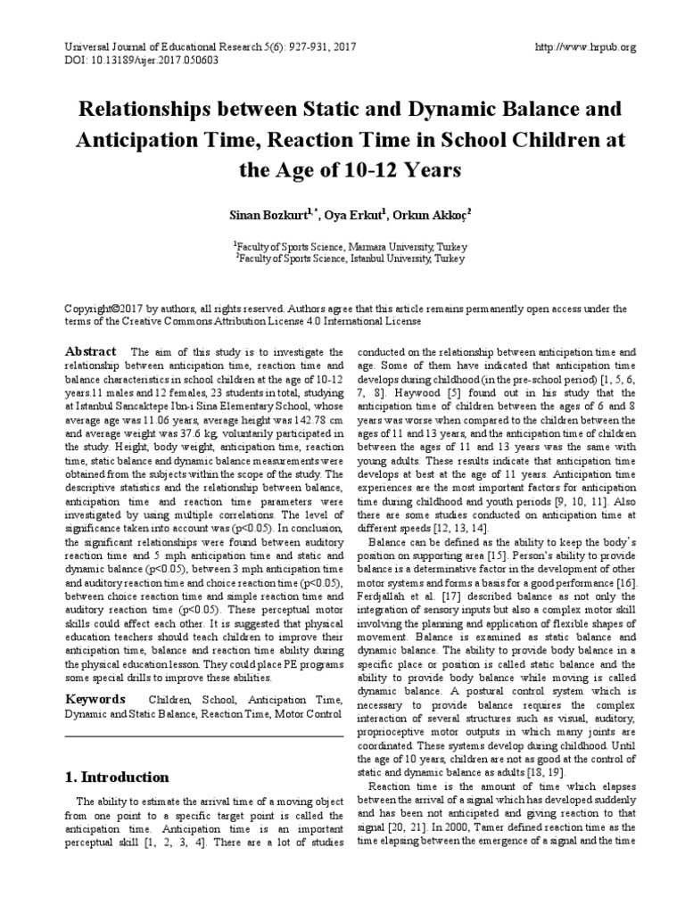 Relationships Between Static and Dynamic Balance and Anticipation Time ...