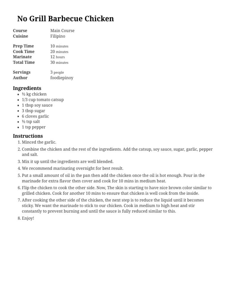 No Grill Chicken Barbecue - FOODIE PINOY | PDF