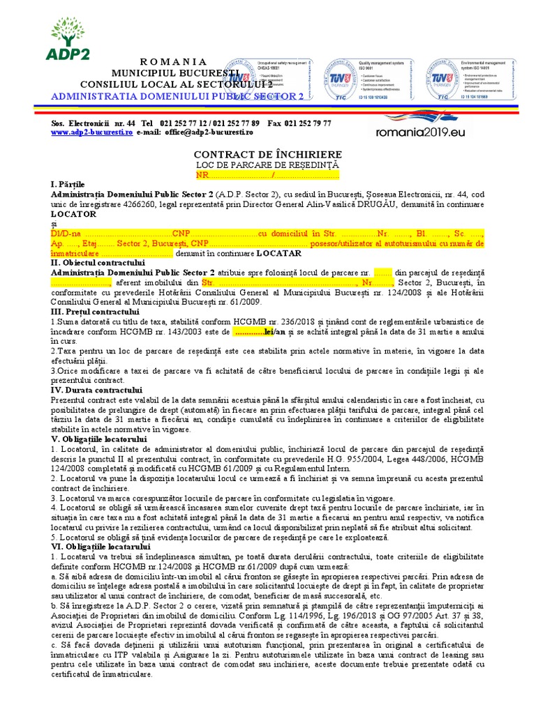 Contract Inchiriere Parcari Antet Nou | PDF