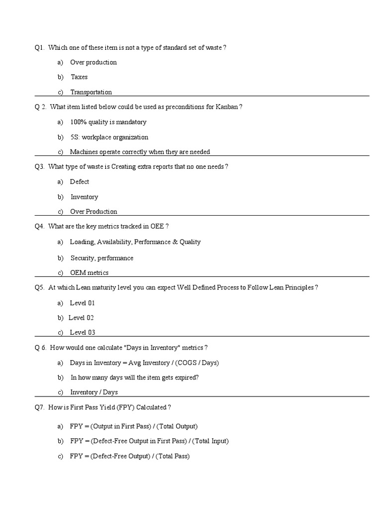 Lean Manufacturing Quiz and FPY Insights | PDF | Lean Manufacturing ...