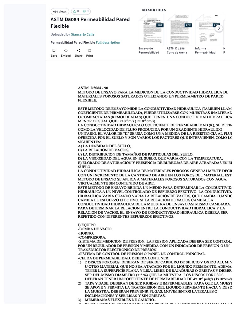 ASTM D5084: Permeabilidad Pared Flexible | PDF | Permeabilidad ...