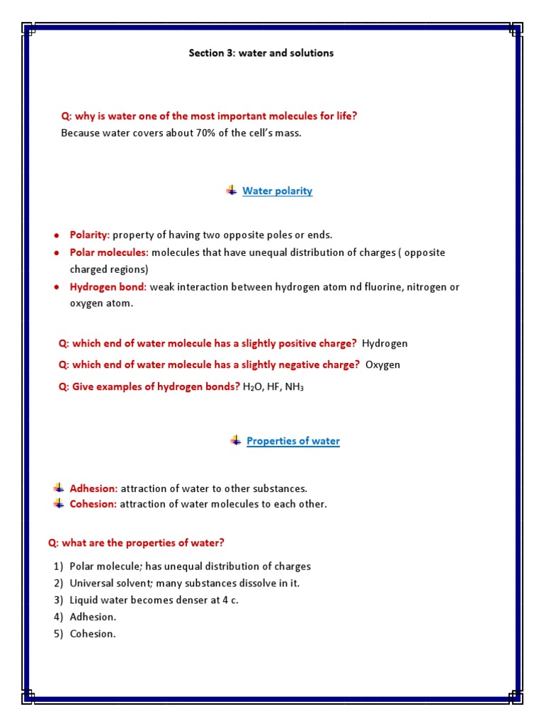 Section 3: Water and Solutions: Q: Why Is Water One of The Most ...