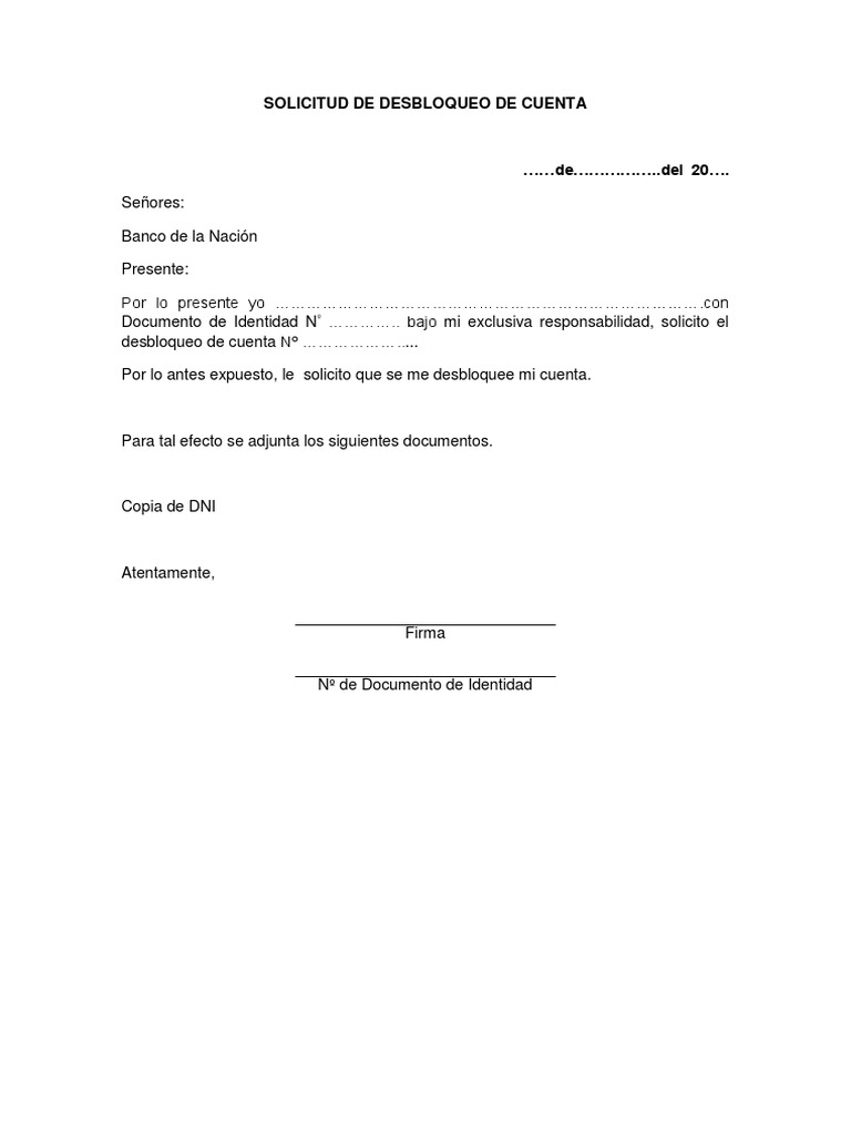 Solicitud de Desbloqueo de Cuenta Banco de La Nacion PDF | PDF | Finanzas y dinero