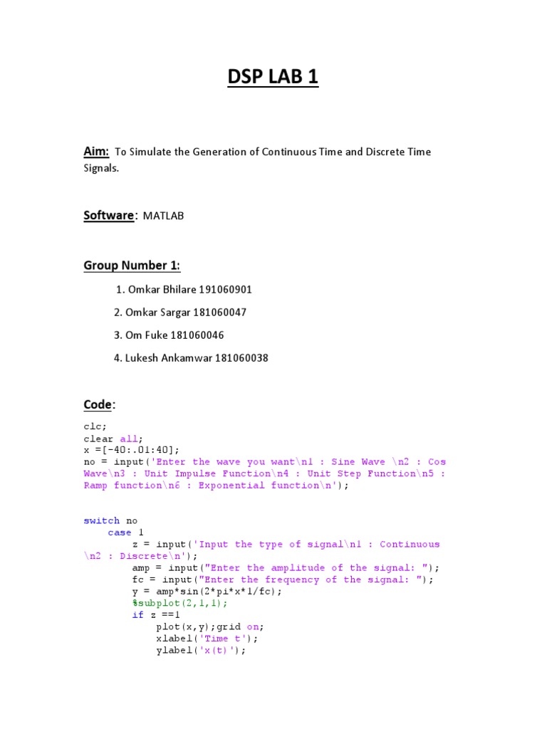 DSP Lab 1: To Simulate The Generation of Continuous Time and Discrete ...