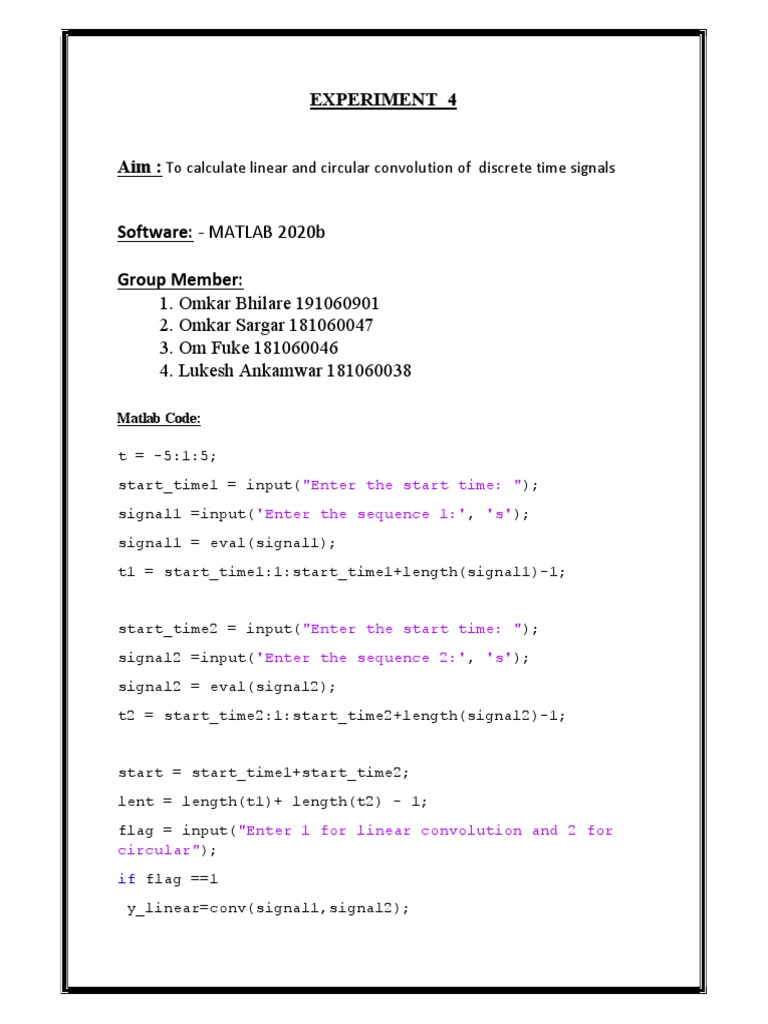 Experiment 4: To Calculate Linear and Circular Convolution of Discrete ...