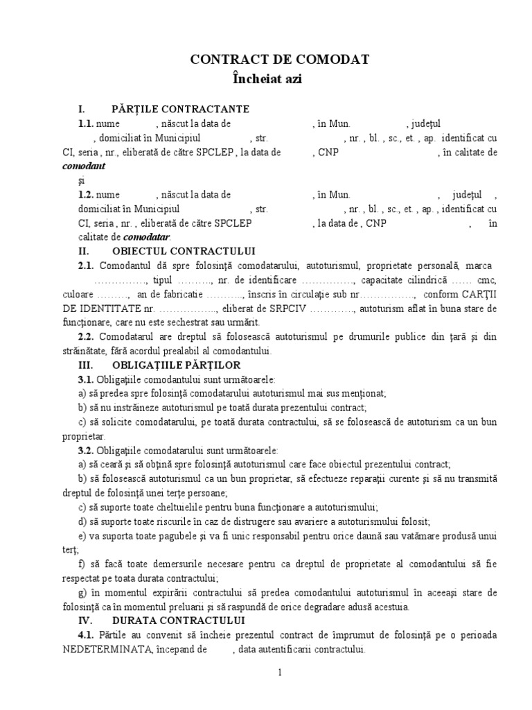 Contract de Comodat - Auto | PDF