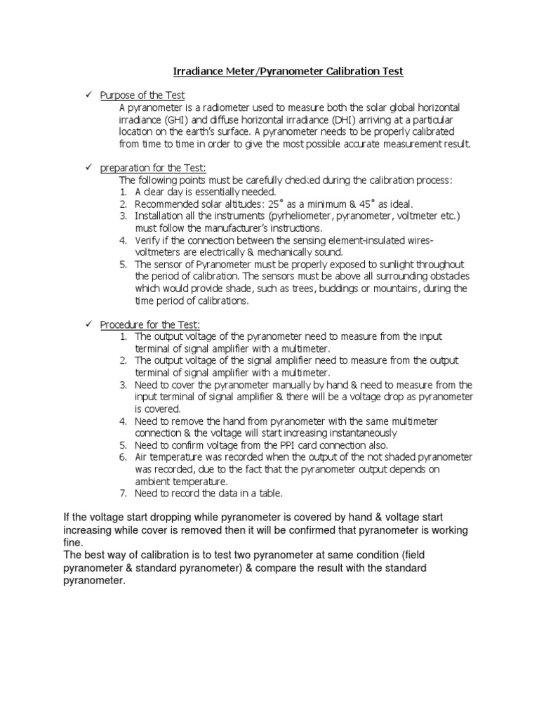 Irradiance Meter/Pyranometer Calibration Test | PDF | Calibration | Tools