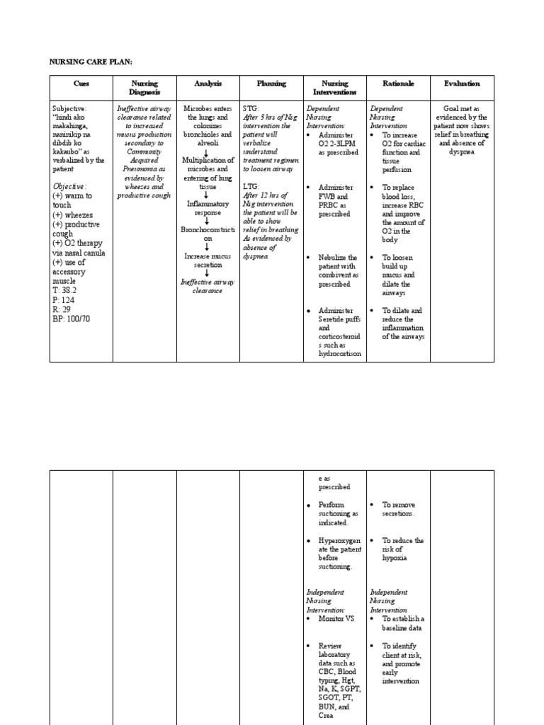 Nursing Care Plan: Cues Nursing Diagnosis Analysis Planning Nursing ...