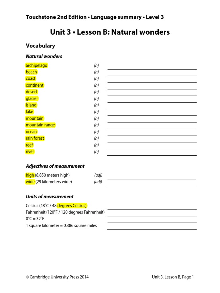 Unit 3 - Lesson B: Natural Wonders: Touchstone 2nd Edition - Language Summary - Level 3 | PDF ...