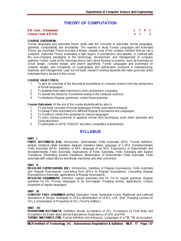 Theory of Computation: II B. Tech. - II Semester L T P C Course Code ...