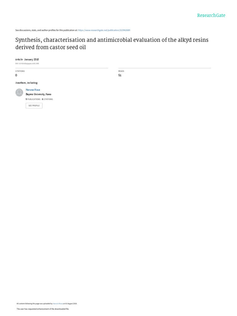Characterization and Evaluation of the Antimicrobial Properties of an Alkyd Resin Derived from ...