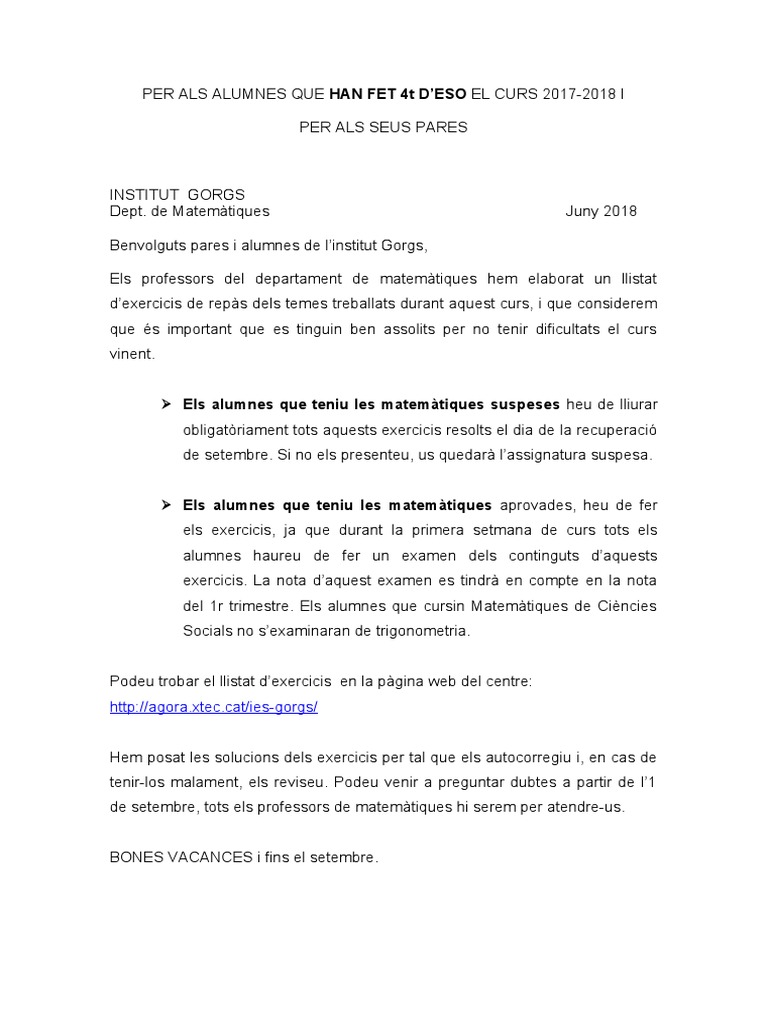 Deures Estiu 4rt ESO 17 18 | PDF