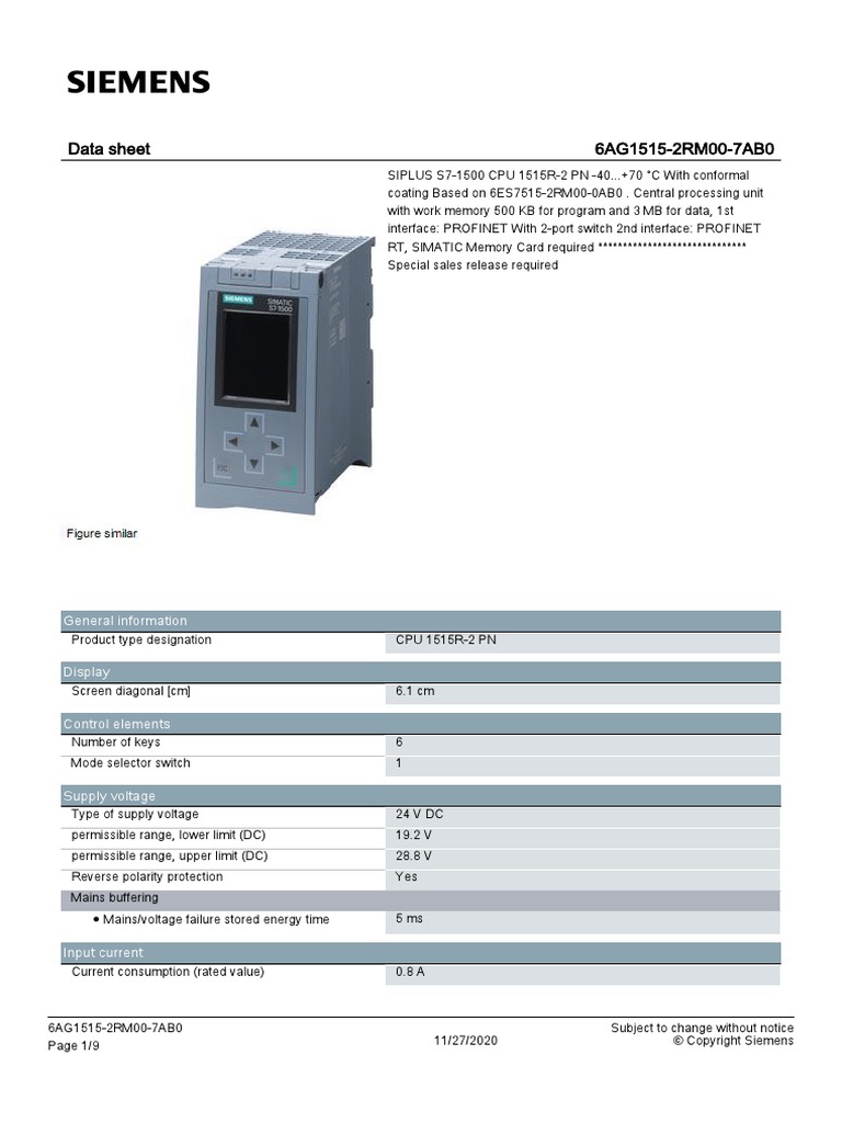 Data Sheet 6AG1515-2RM00-7AB0: General Information | PDF | Transmission ...