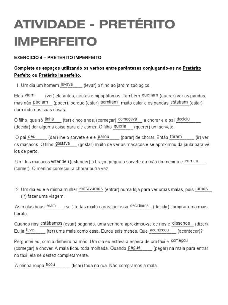 Atividade - Pretérito Imperfeito | PDF