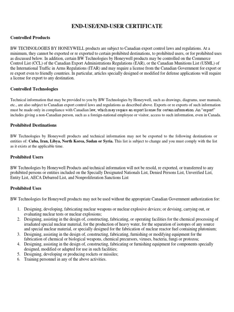 End-Use/End-User Certificate: Controlled Products | PDF | Nuclear Technology | Policy