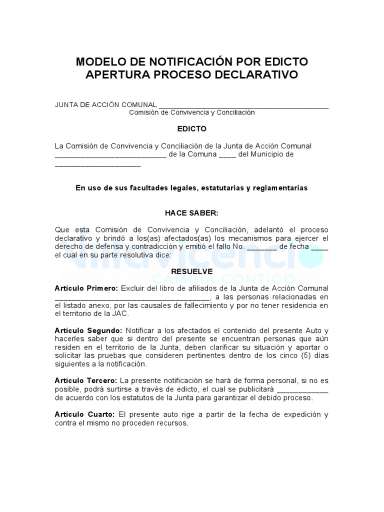 Modelo de Notificacion Por Edicto Apertura Proceso Declarativo | PDF | Negocios | Derecho