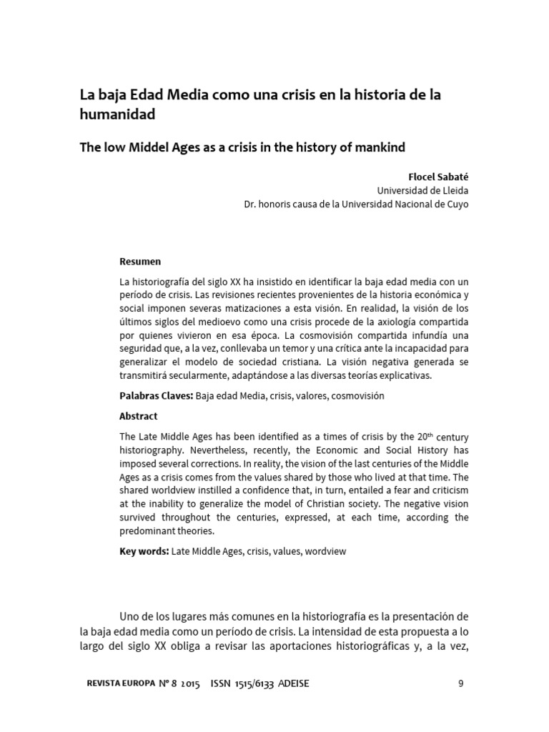 La Baja Edad Media Como Una Crisis en La Historia de La Humanidad ...