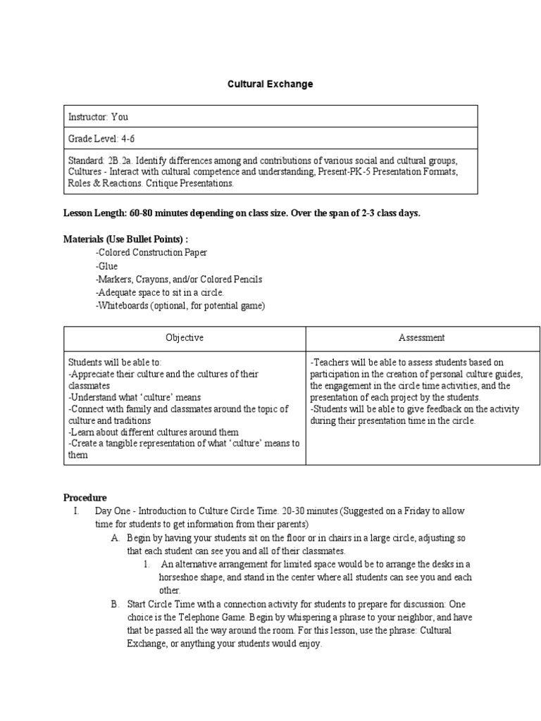 Cultural Exchange Lesson Plan | PDF | Lesson Plan | Communication