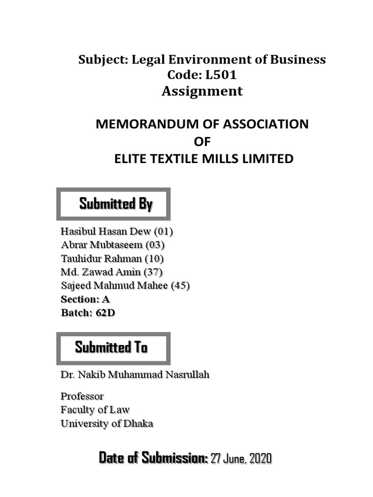 Submitted By: Assignment Memorandum of Association OF Elite Textile ...