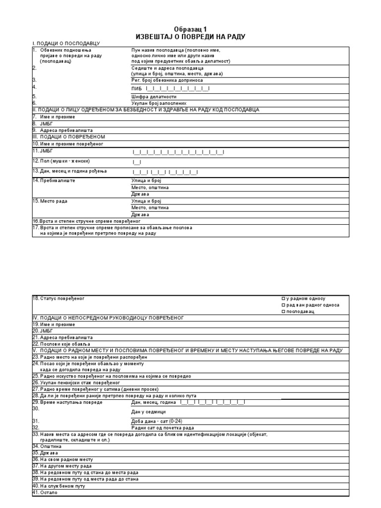 Obrazac 1-Izvestaj o Povredi Na Radu PDF | PDF