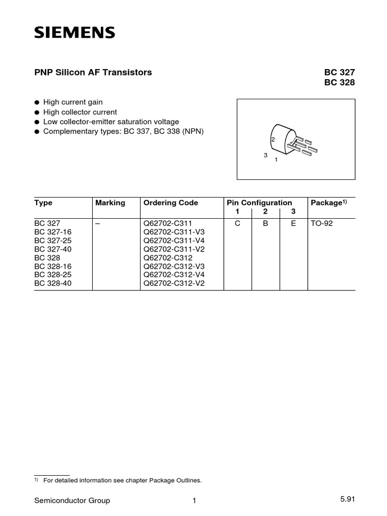 PNP Silicon AF Transistors BC 327 BC 328: Type Marking Package Pin ...