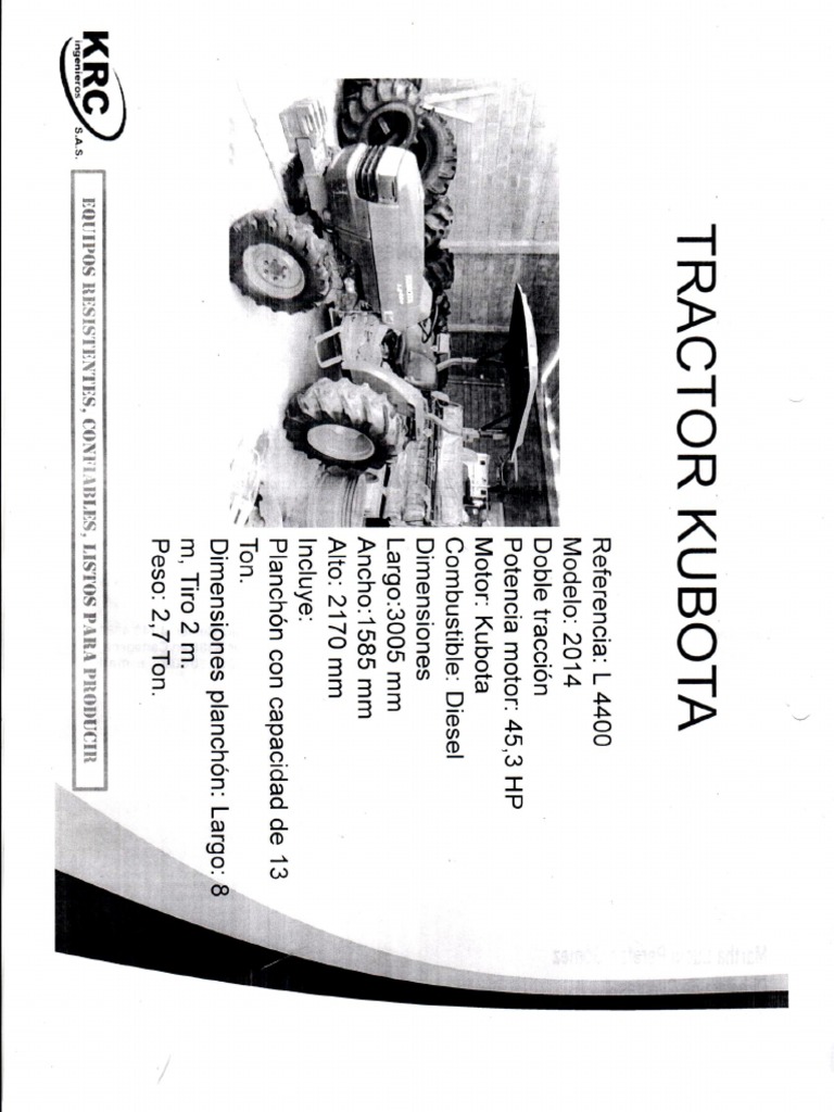 Ficha Técnica Tractor Kubota PDF | PDF