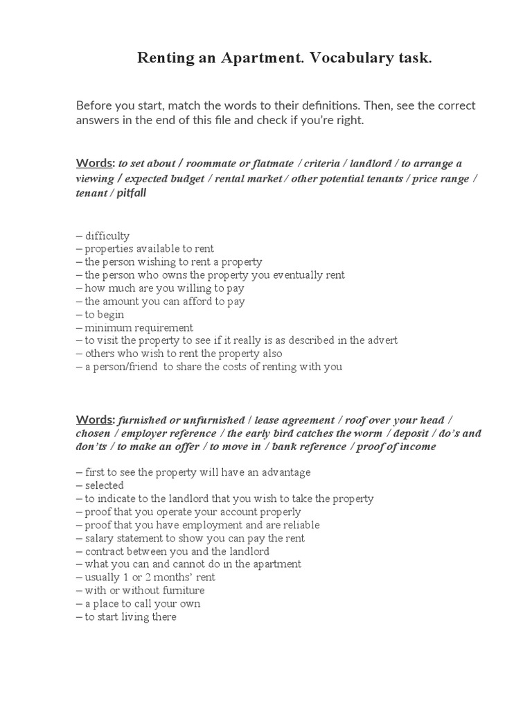 Renting Apartment Vocabulary Guide | PDF | Renting | Roommate