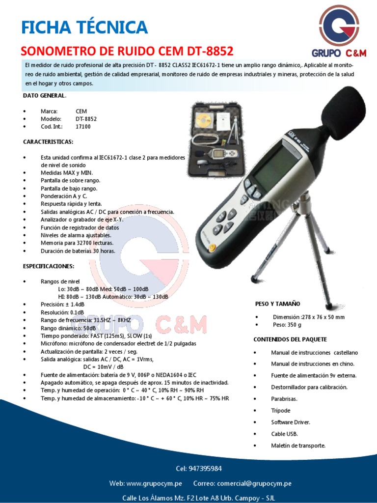Ficha Tecnica Sonometro de Ruido Profesional Cem (Tipo Extech Hd600) Dt ...