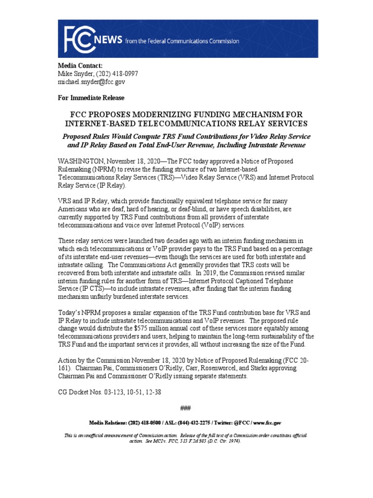 FCC Proposes Modernizing Funding Mechanism For Internet-Based ...